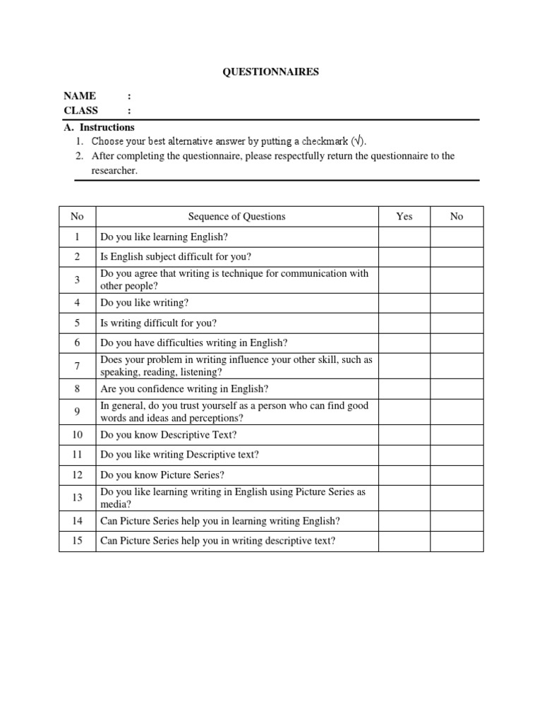 Questionnaires Name: Class: A. Instructions | PDF | Language Arts ...
