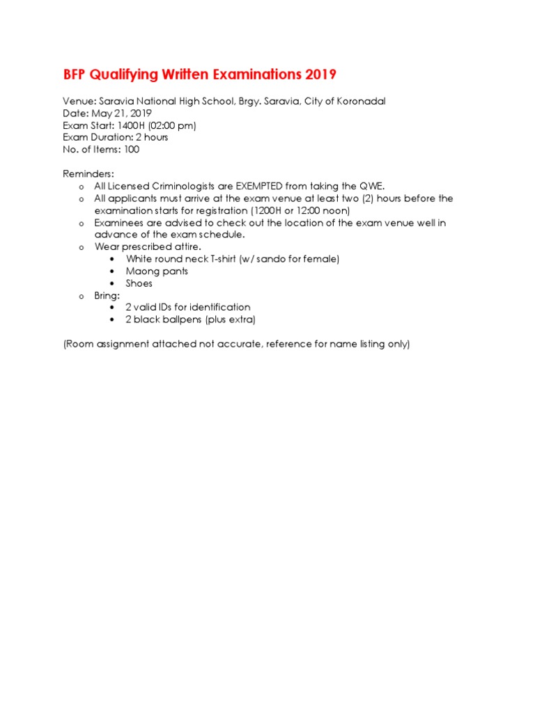 BFP Qualifying Exam Details 2019 | PDF