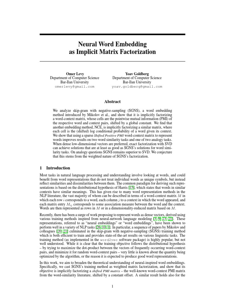 Neural Word Embedding As Implicit Matrix Factorization | PDF | Matrix (Mathematics) | Teaching ...