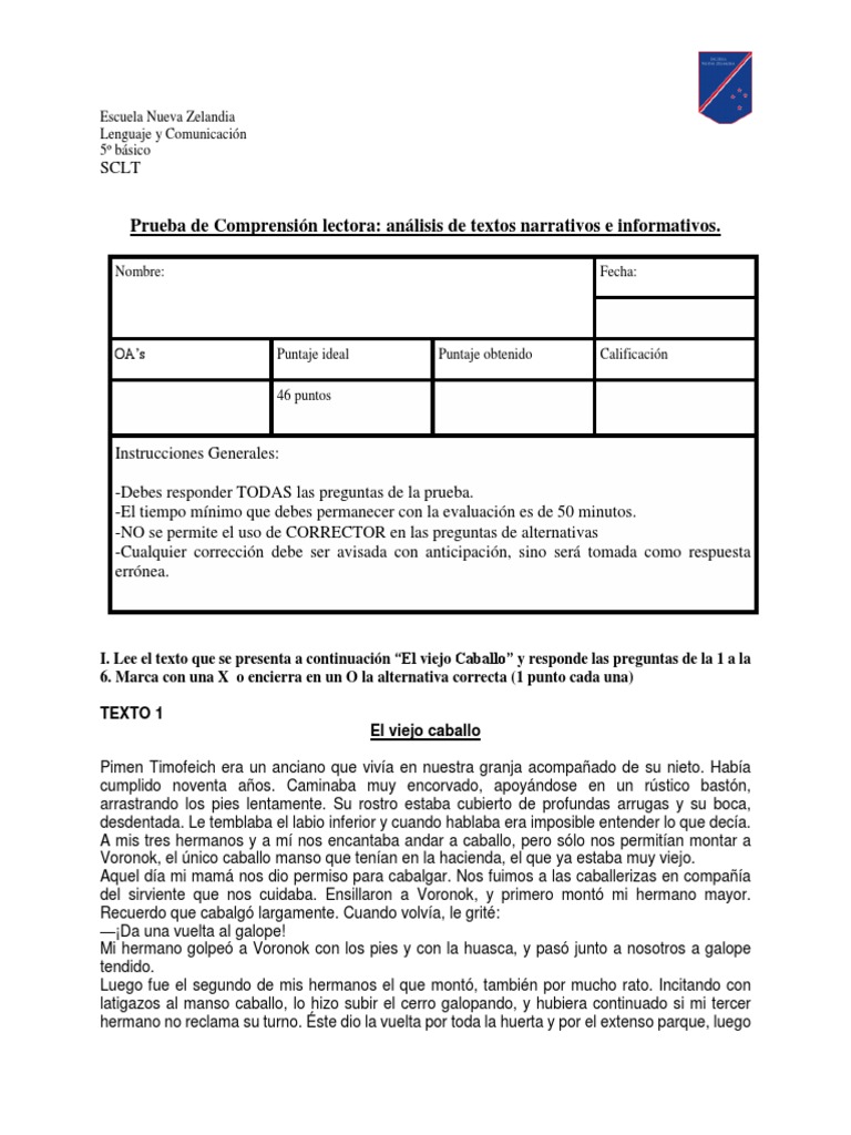 Prueba de Comprensión Lectora 5º Básico | PDF | Pulpo | Caballos