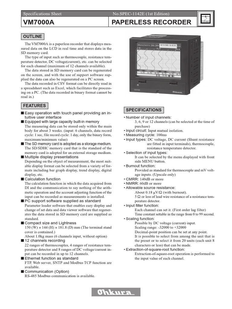 VM7000A - PAPERLESS RECORDER - Specification Sheet PDF | PDF | Secure ...