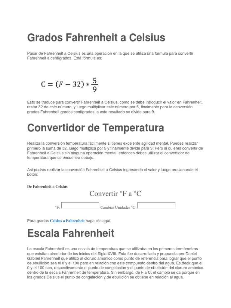 Conversión de Fahrenheit a Celsius | PDF | Celsius | Fahrenheit