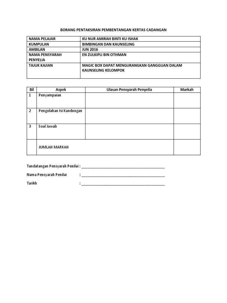 Borang Pentaksiran Pembentangan Kertas Cadangan | PDF