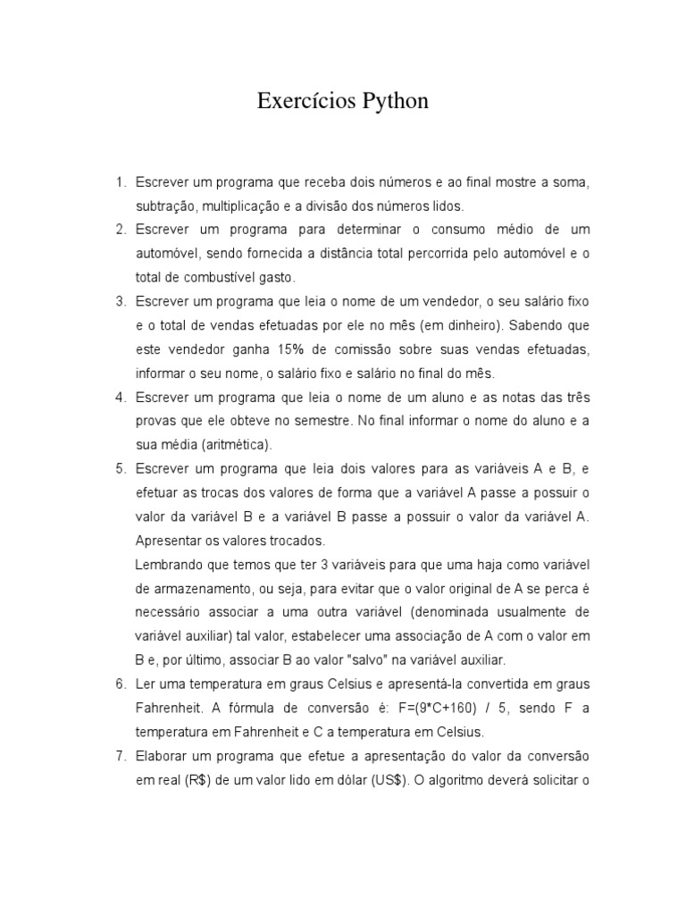 Lista de Exercicios em Python | PDF | Fahrenheit | Ensino de Matemática