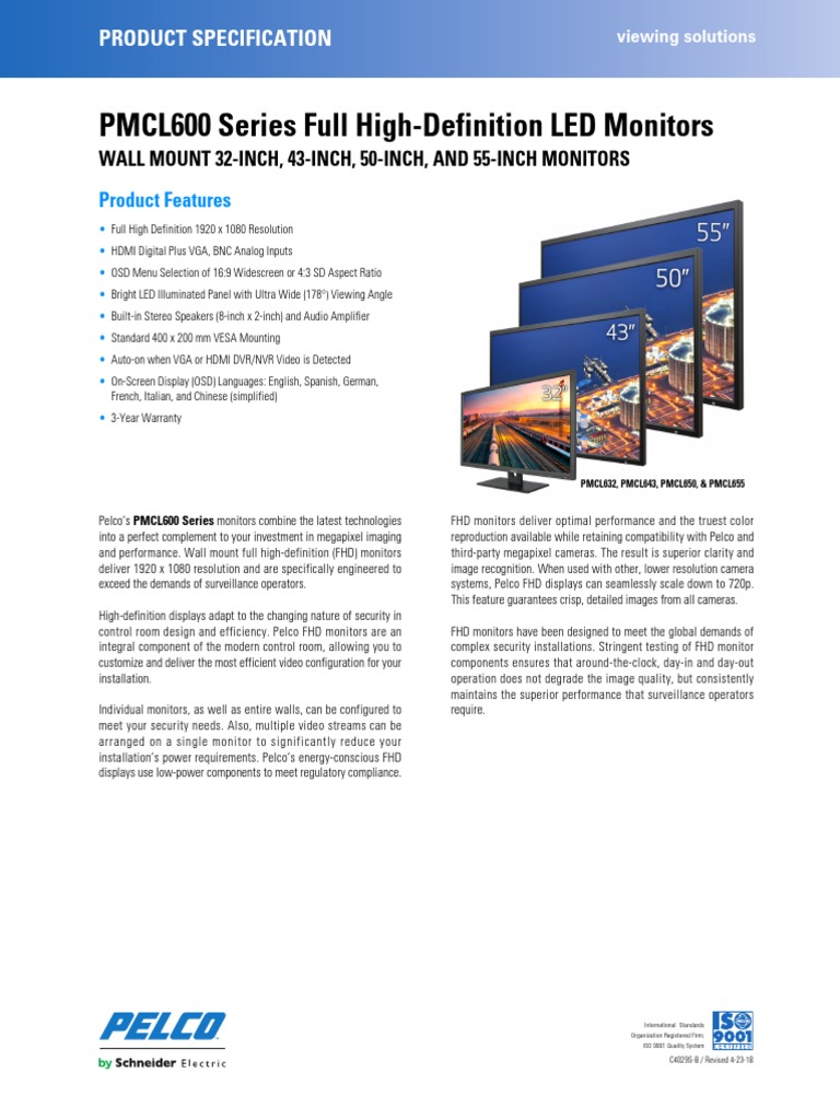 600 Series Wall Mount Monitor Spec Sheet-PMCL632 | PDF | Computer ...