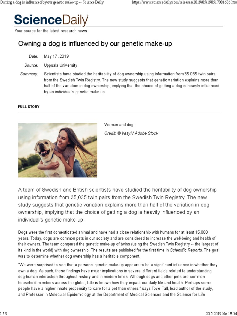Owning A Dog Is Influenced by Our Genetic Make-Up - ScienceDaily | PDF ...