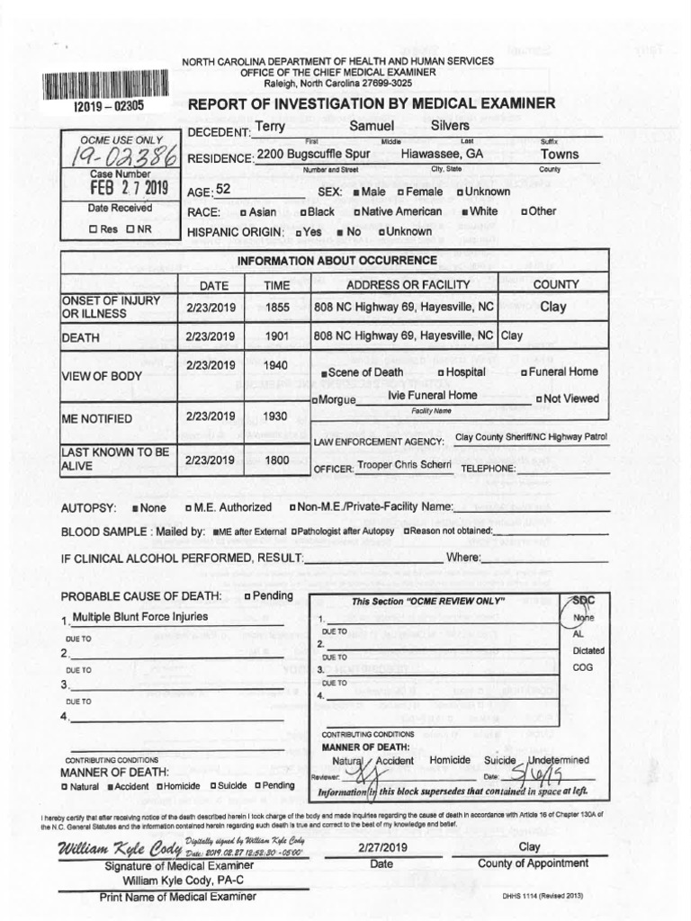 Medical Examiners Report On Terry Silvers Death | PDF