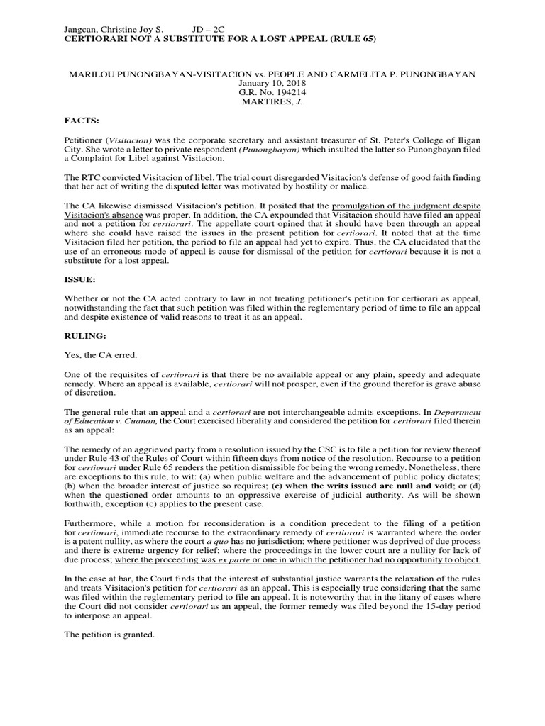 Certiorari Not A Substitute For A Lost Appeal Rule 65 | PDF ...