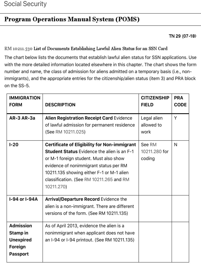 SSA - POMS: RM 10211.530 - List of Documents Establishing Lawful Alien Status For An SSN Card ...