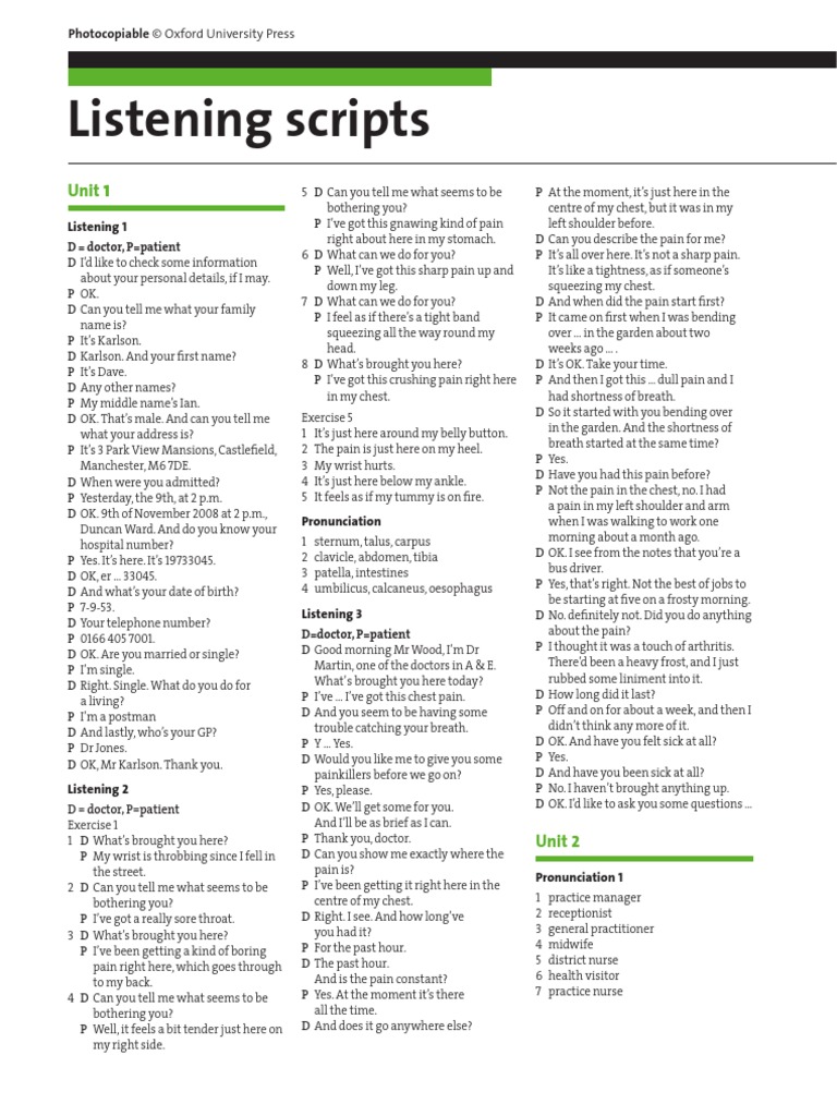 Listening Scripts: Unit 1 | PDF | Endoscopy | Medicine