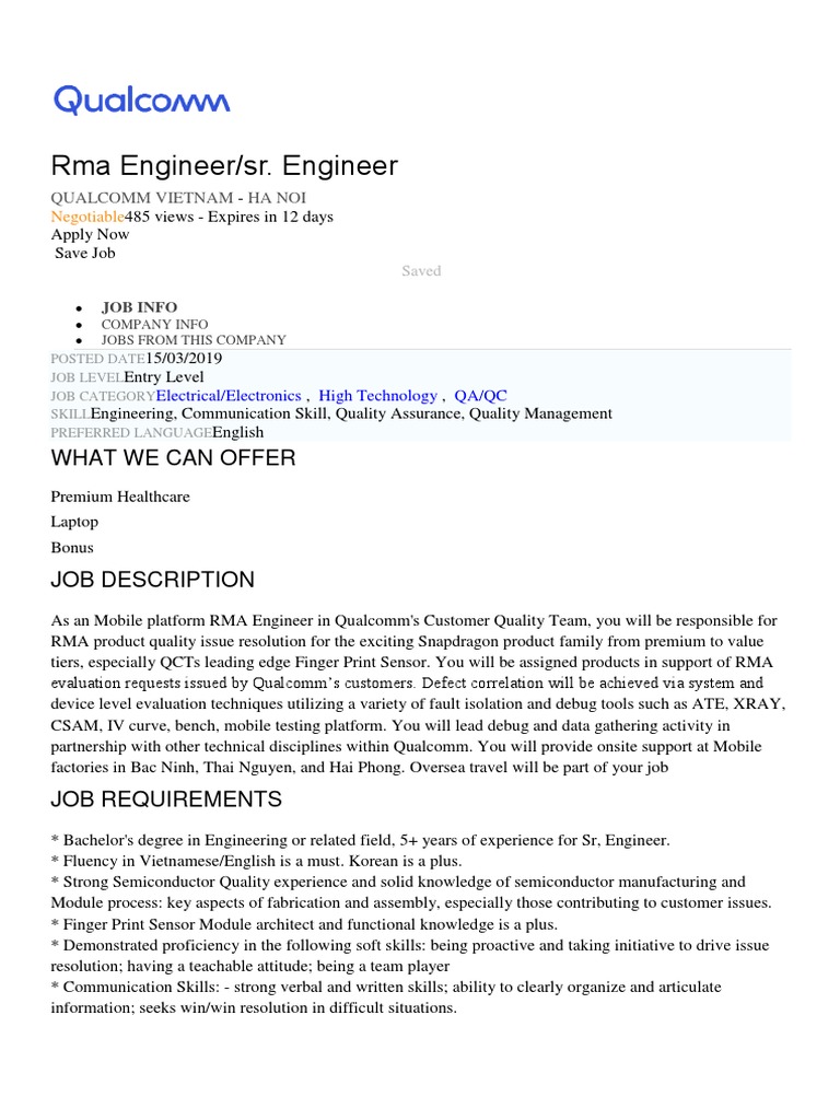 RMA Engineer Job at Qualcomm Vietnam | PDF | Business | Computers