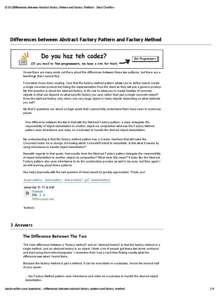 Differences Between Abstract Factory Pattern And Factory Method Stack Overflow Pdf Pdf 2630