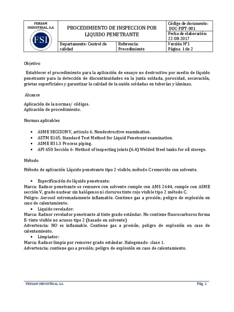 Procedimiento de Inspeccion Por Liquido | PDF | Materiales | Química
