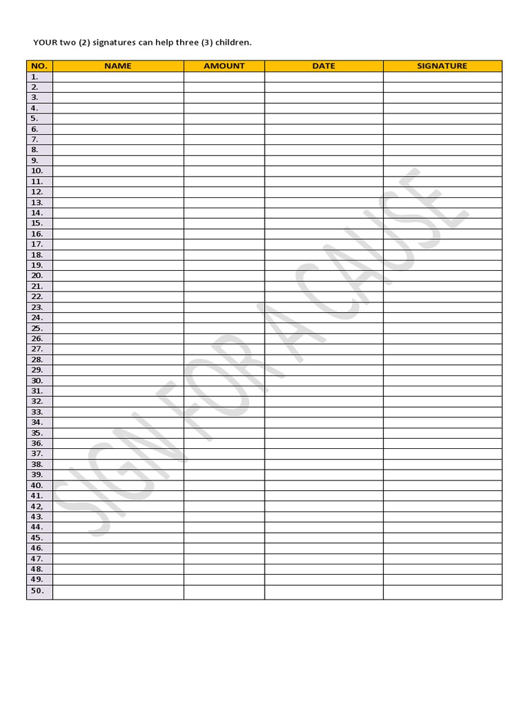 NO. Name Amount Date Signature: YOUR Two (2) Signatures Can Help Three ...