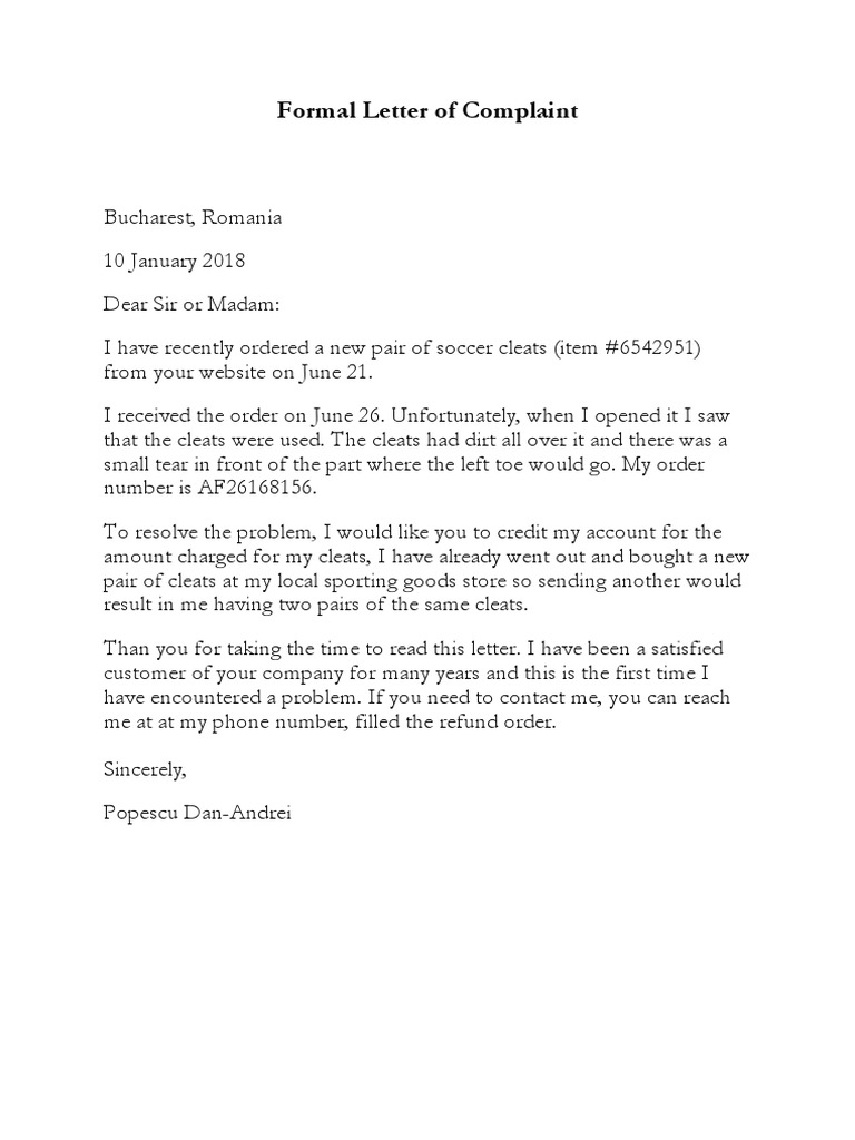 Formal Complaint for Refund of Cleats | PDF