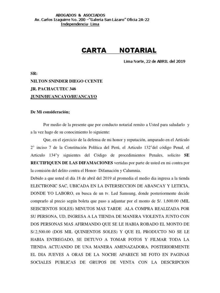Carta Notarial: SR: Nilton Sninder Diego Ccente Jr. Pachacutec 346 ...