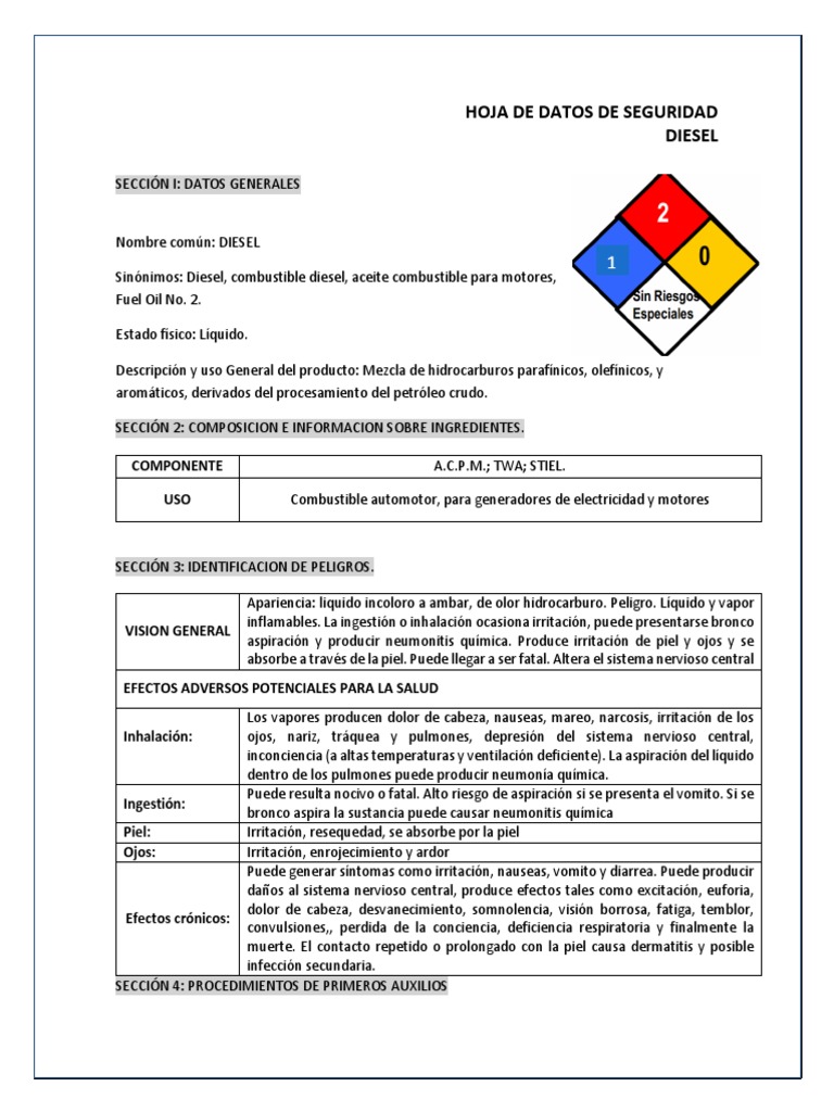 Hoja de Datos de Seguridad Acpm | PDF | Combustión | Agua