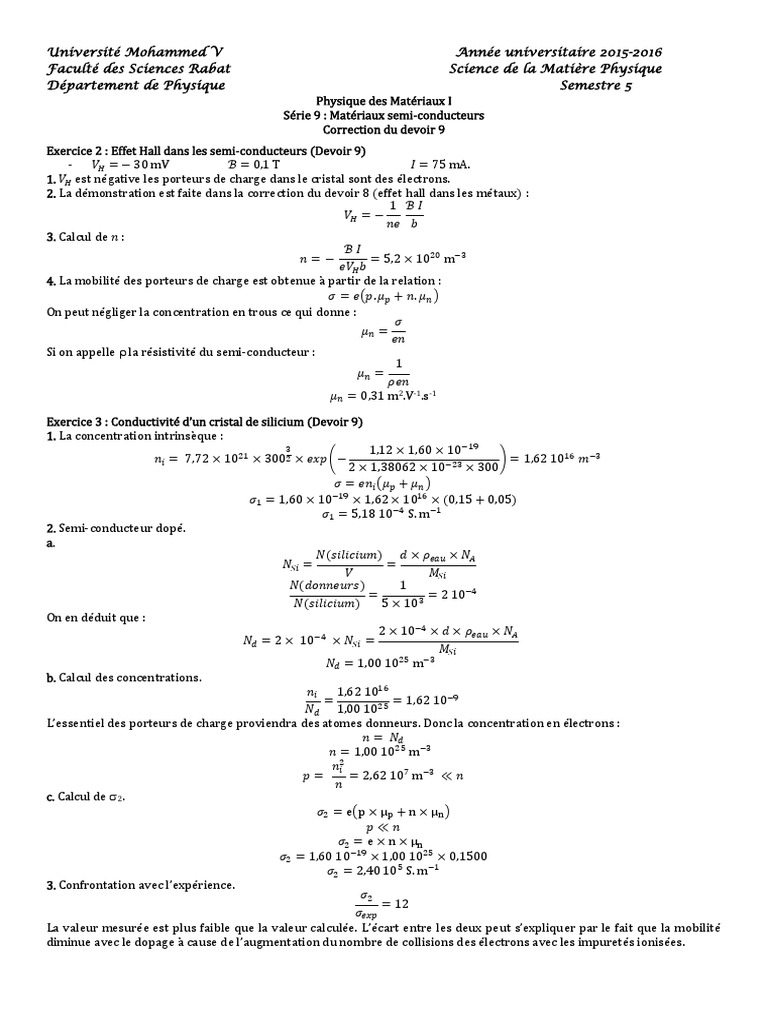 9-Semi-Conducteurs Correction Devoir 9 | PDF | Semi-conducteurs | Dopage (semi-conducteur)