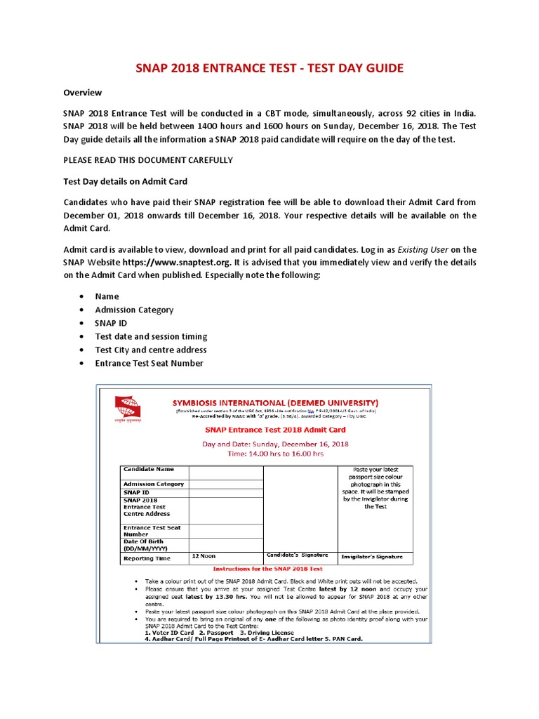 SNAP 2018 Test Day Guide | PDF | Identity Document | Question