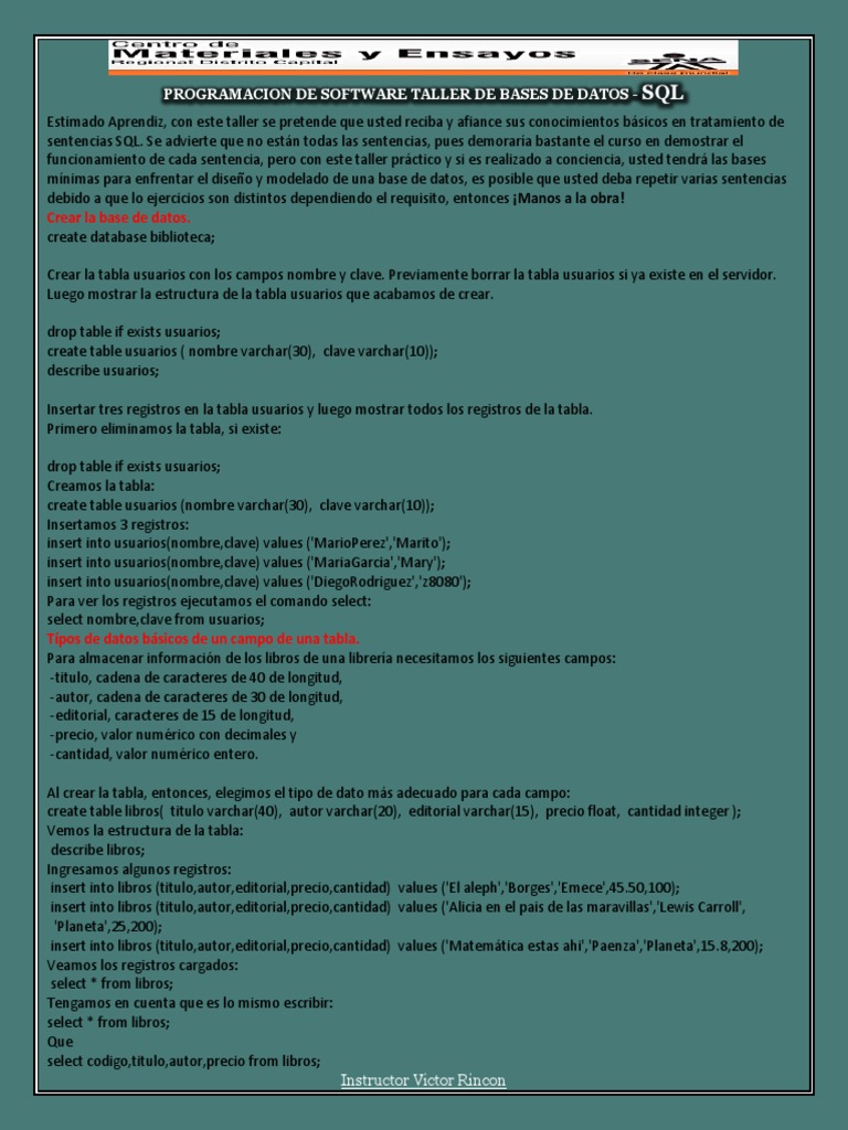 Taller de Sentencias Utiles en MySQL PDF | PDF | SQL | Tabla (base de ...