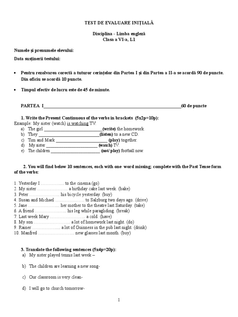 Test Engleza Clasa A Vi A | PDF | Cognitive Science | Syntactic ...