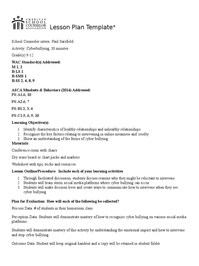 Cyberbullying Lesson Plan With Sample Classroom Activity Download