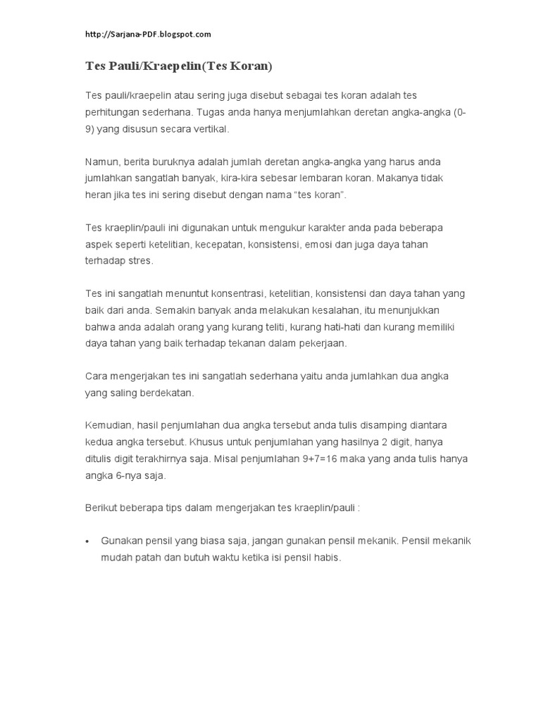 Panduan Lengkap Tes Koran Pauli/Kraepelin | PDF | Karier & Perkembangan