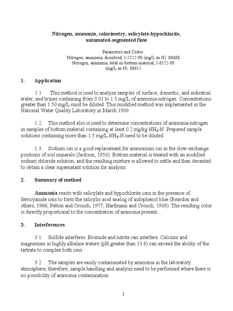Nitrogen, Ammonia, Colorimetry, Salicylate-Hypochlorite, Automated ...