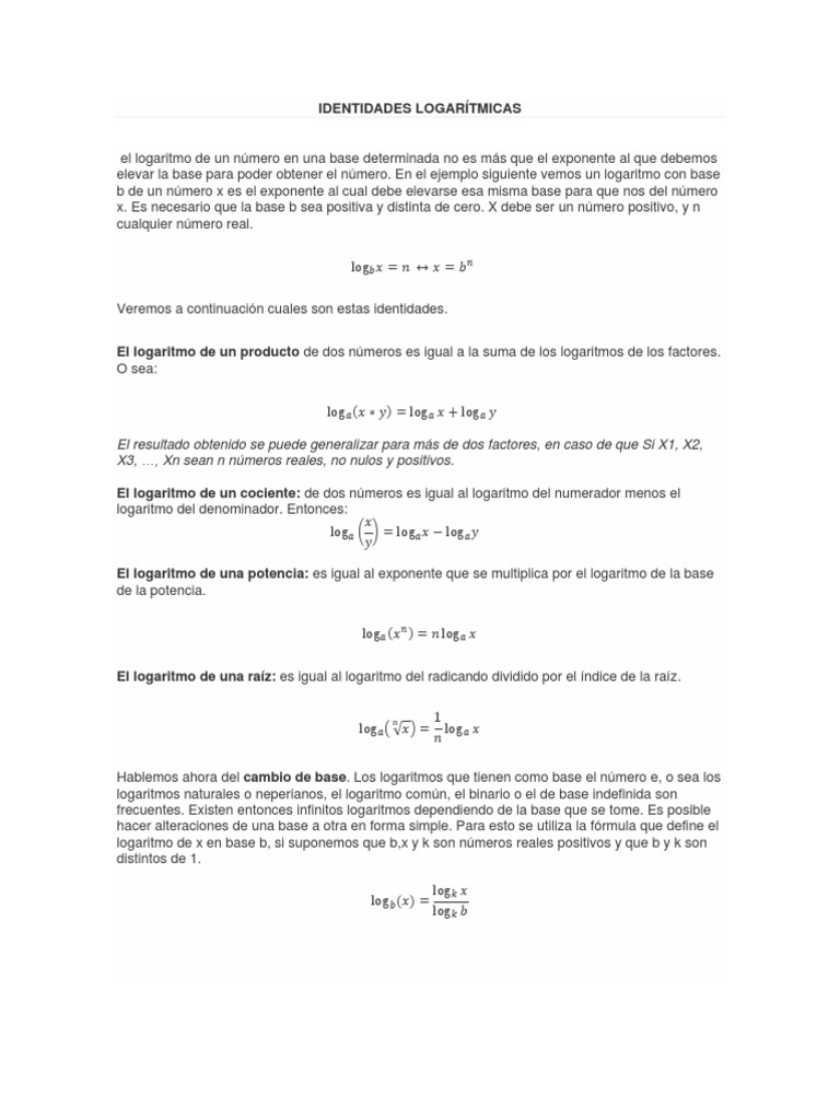 Identidades Logarítmicas | PDF | Logaritmo | Exponenciación