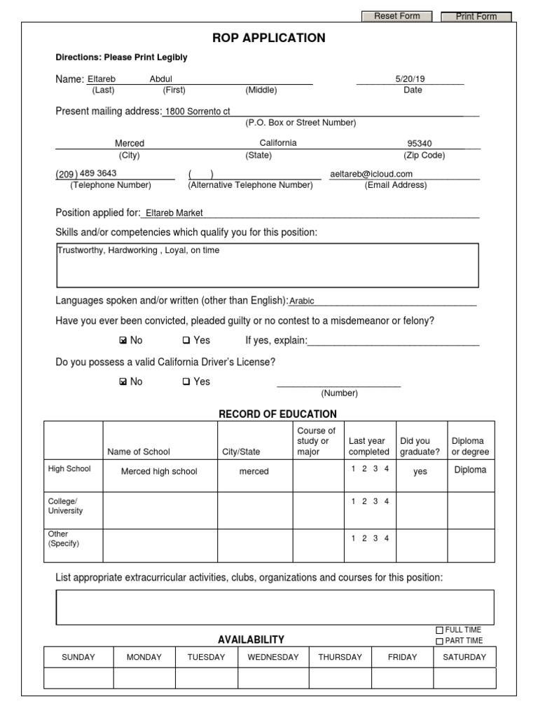 Rop Job Application With Availability - Fillable For Website | PDF