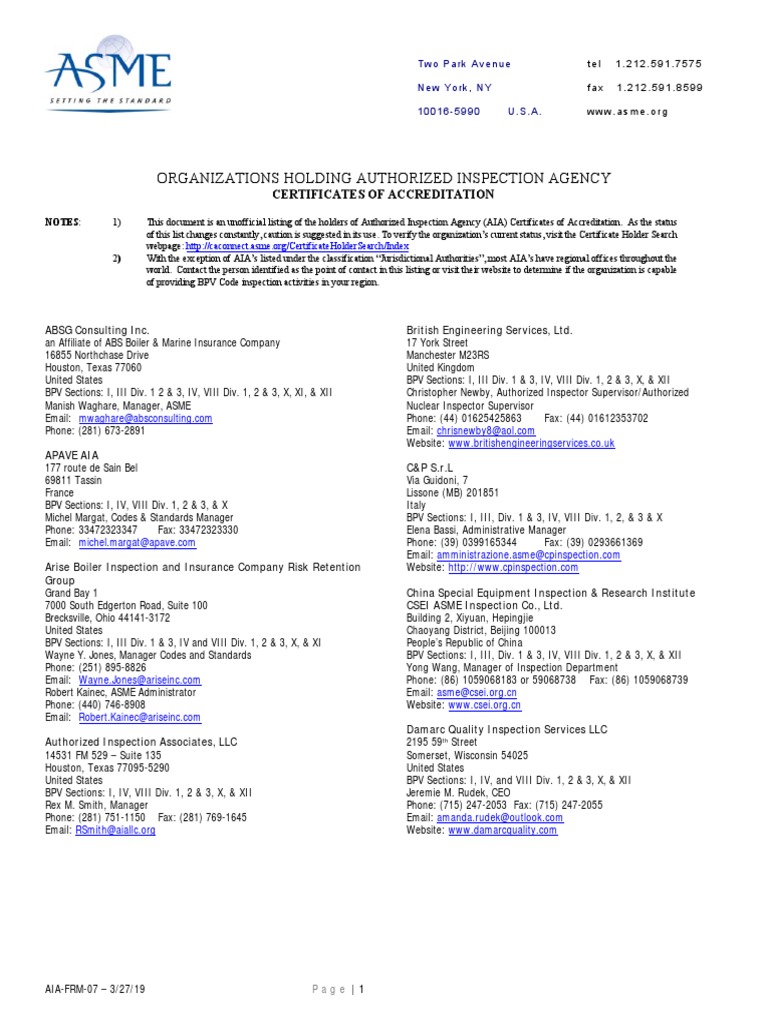 BPV Certification List of Authorized Inspection Agencies | PDF | Business