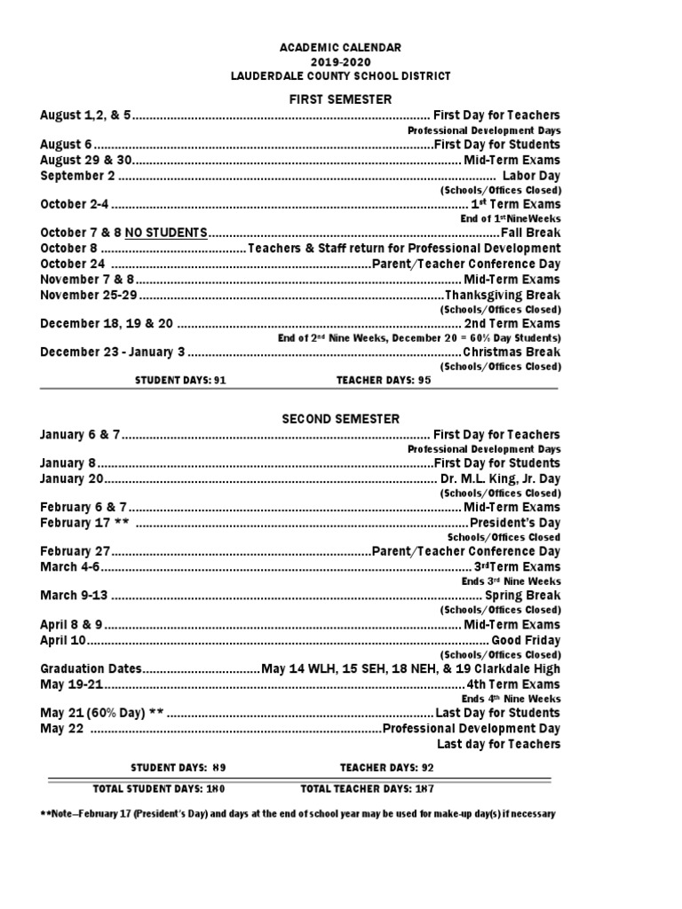 2019-2020 District Calendar | PDF | Academic Term | Educational ...