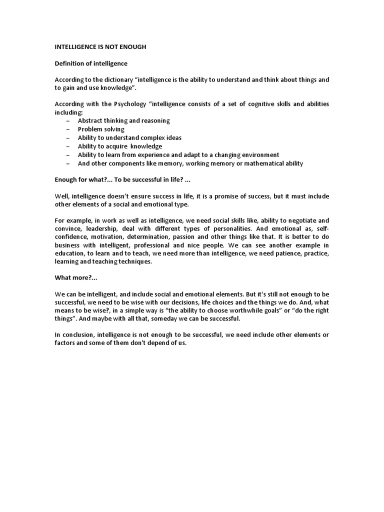Intelligence Is Not Enough | PDF