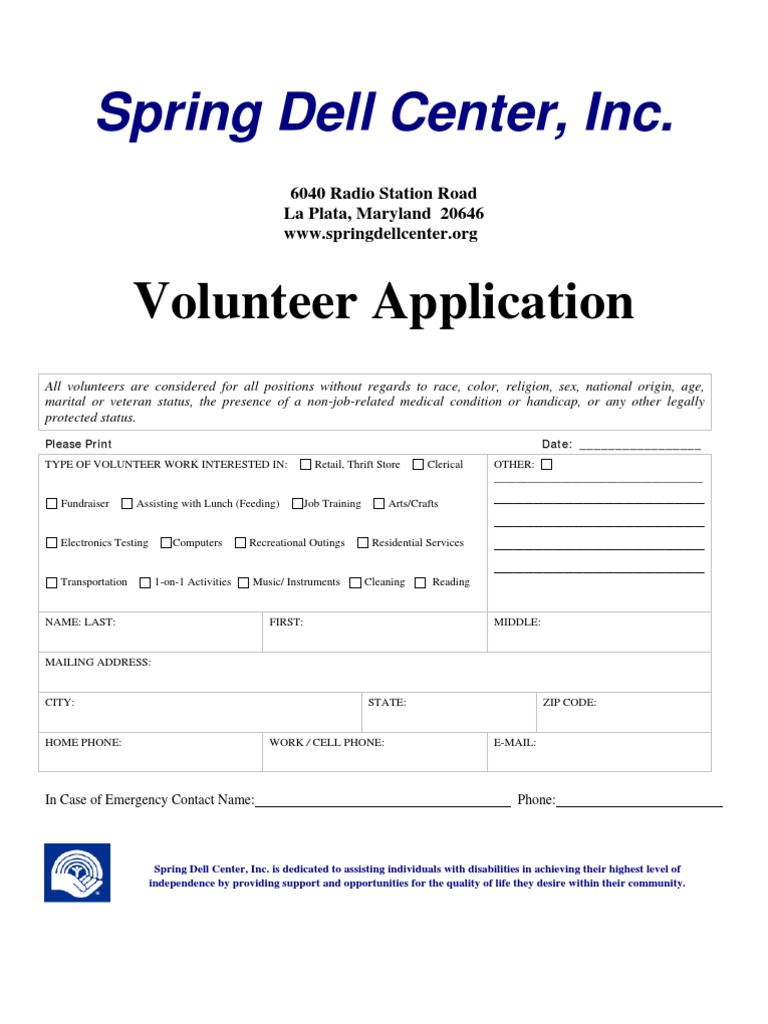 Spring Dell Center, Inc.: Volunteer Application | PDF | Volunteering ...