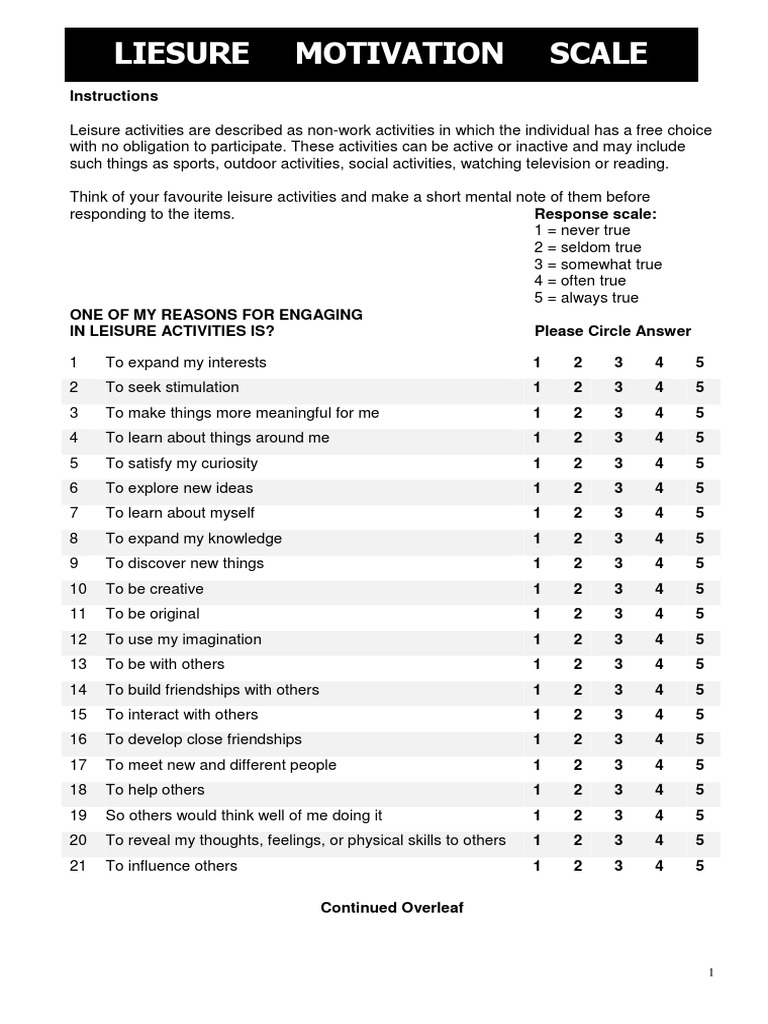 Leisure Motivation Scale Questionnaire | PDF | Feeling | Leisure