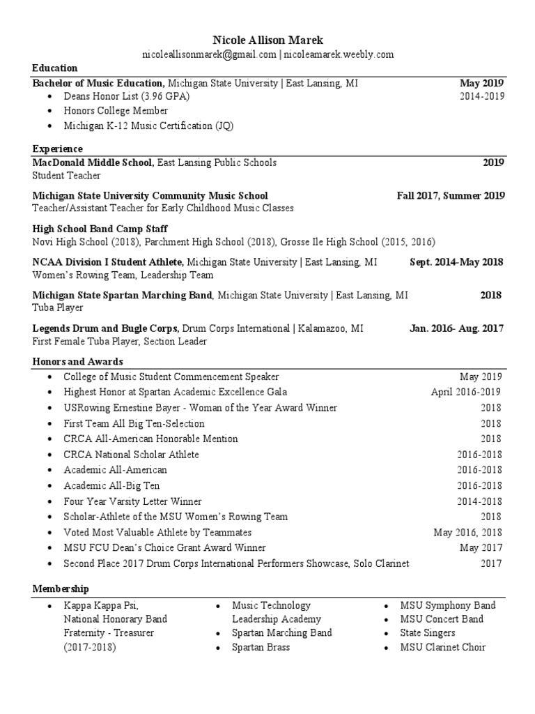 Marek Resume Weebly | PDF | Michigan State University | Marching Bands