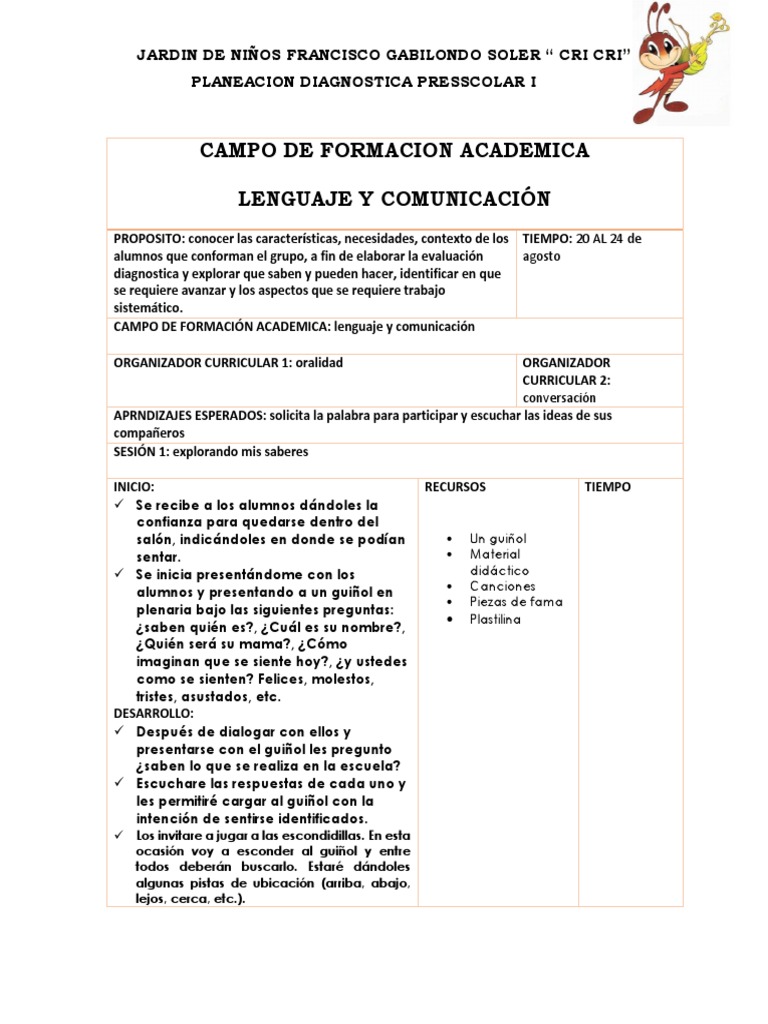Planeacion Diagnostica para Primero de Preescolar | PDF | Educación de ...