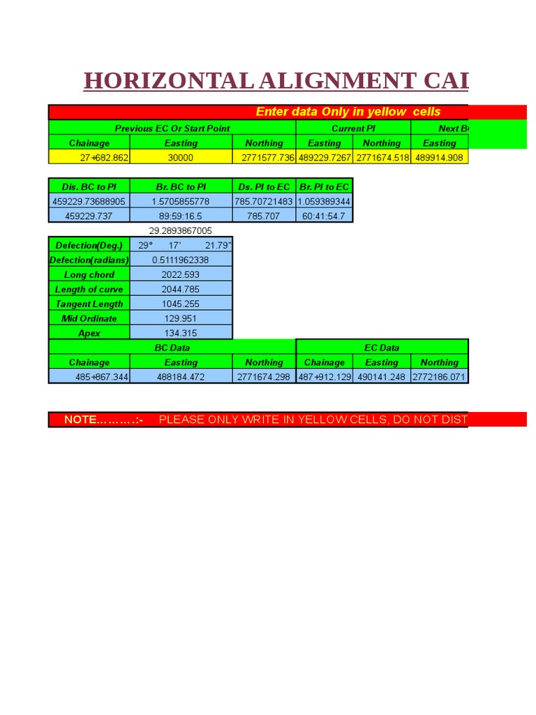 Horizontal Alignment Calculation: Enter Data Only in Yellow Cells | PDF