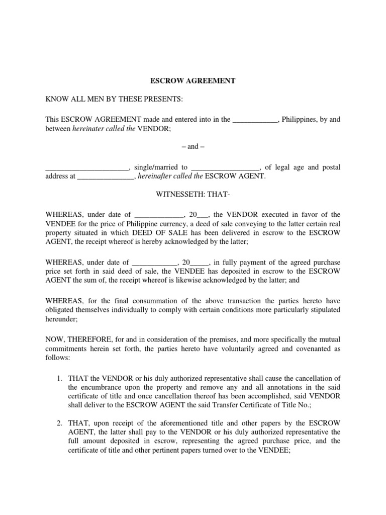 Escrow Agreement | PDF | Deed | Receipt