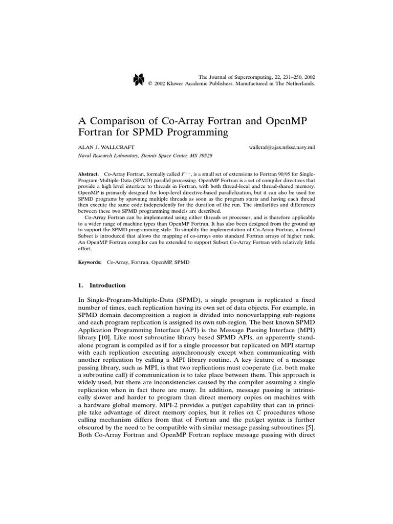 A Comparison of Co-Array Fortran and Openmp Fortran For SPMD Programming | PDF | Message Passing ...