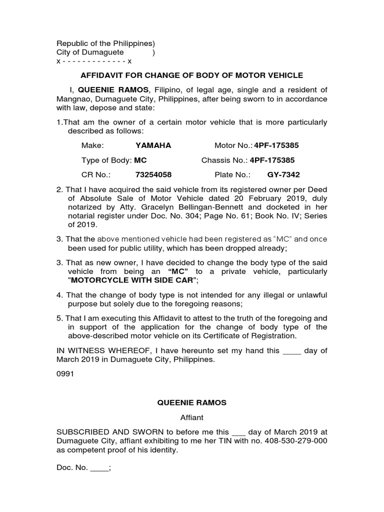 Affidavit Change of Side Car | PDF