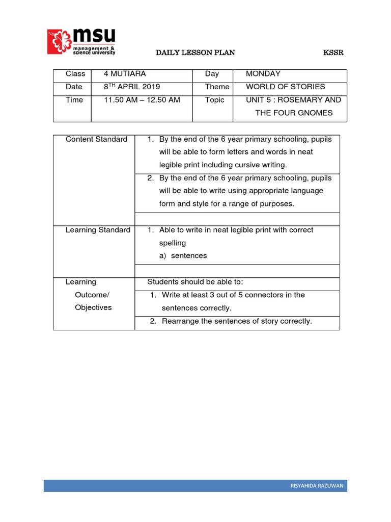 Daily Lesson Plan KSSR: Risyahida Razuwan | PDF | Lesson Plan | Teachers