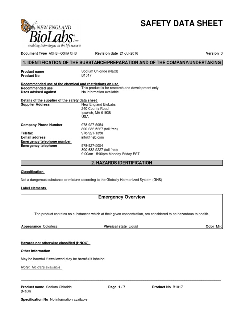 Safety Data Sheet: 1. Identification of The Substance/Preparation and ...