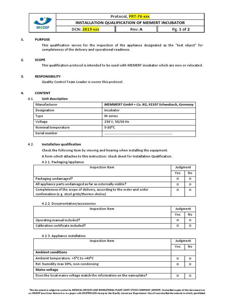 Installation Qualification Protocol for MEMERT Incubator Model IN ...