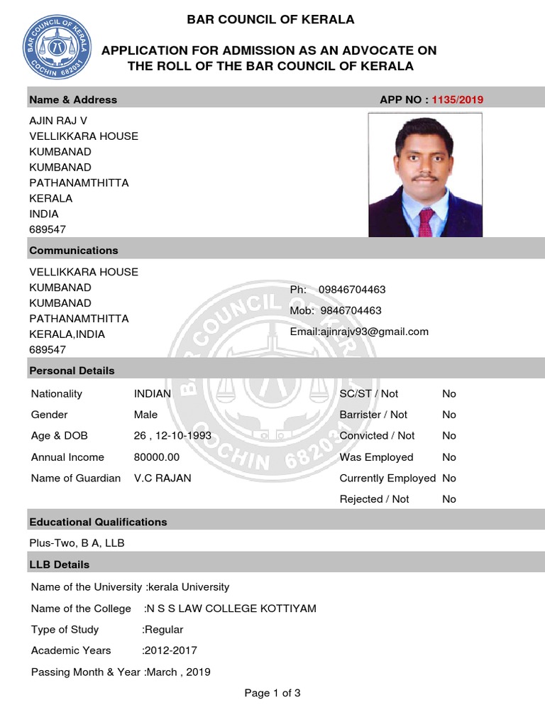 Bar Council of Kerala Application For Admission As An Advocate On The ...