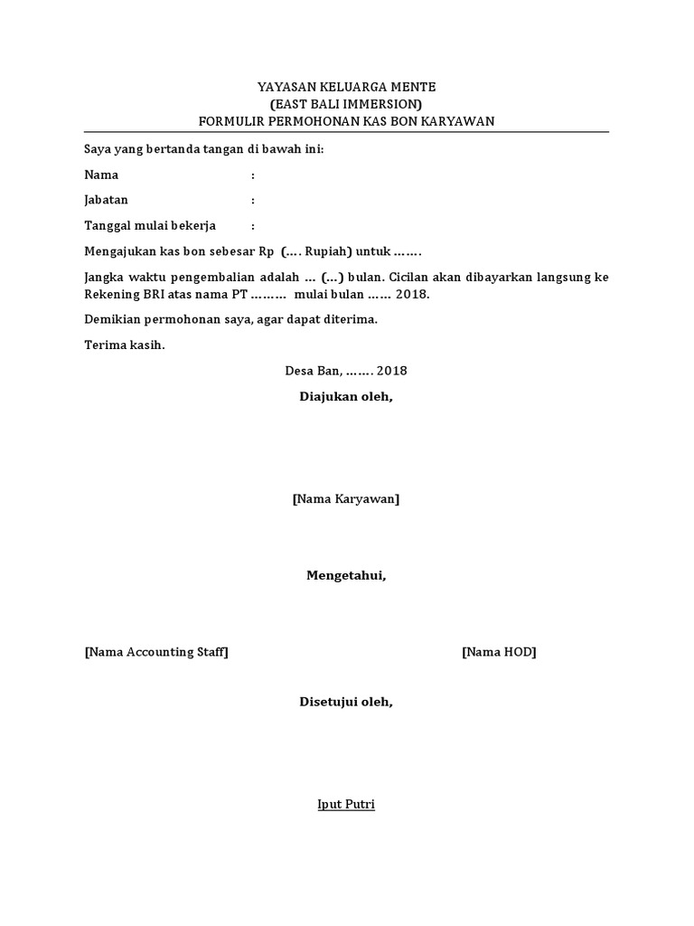 Formulir Permohonan Kasbon Karyawan | PDF