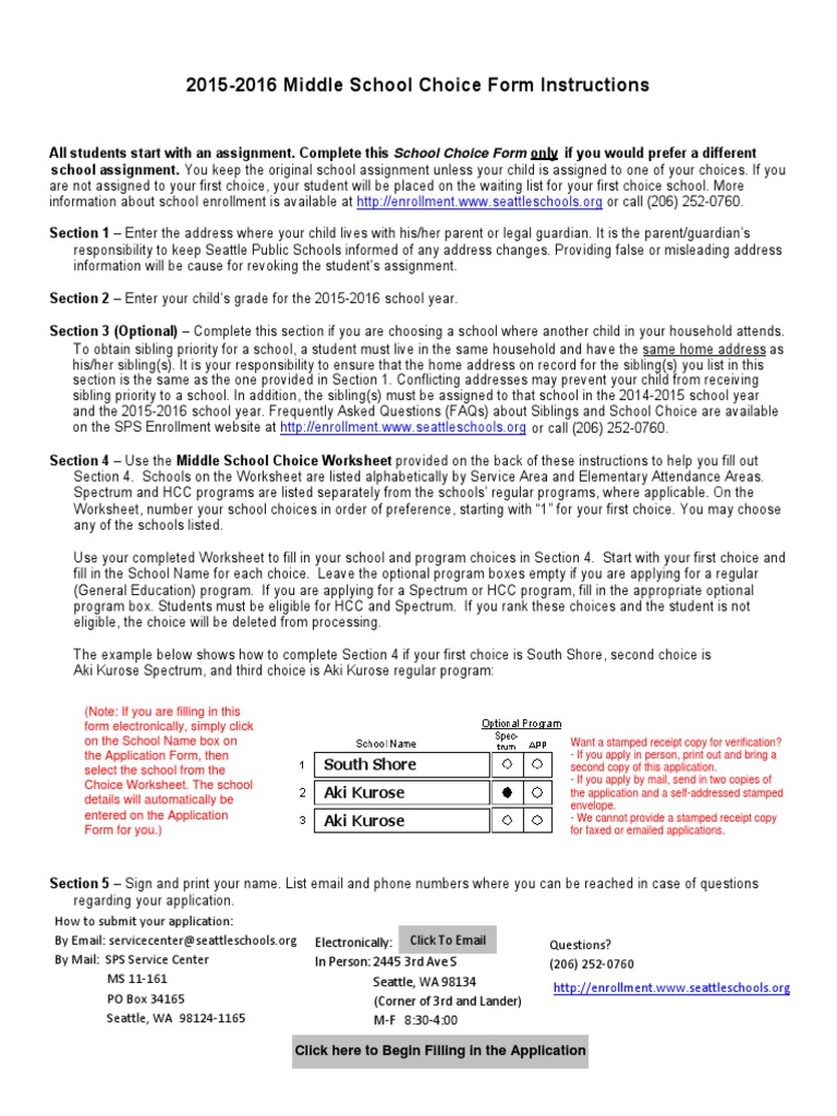 2015-2016 Middle School Choice Form Instructions: South Shore Aki ...