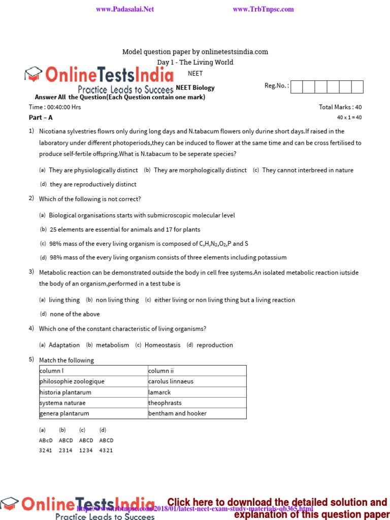 1 The Living World Neet Biology Model Question Paper | PDF | Taxonomy ...