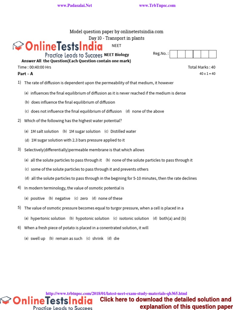 10 Transport in Plants Neet Biology Model Question Paper | PDF ...