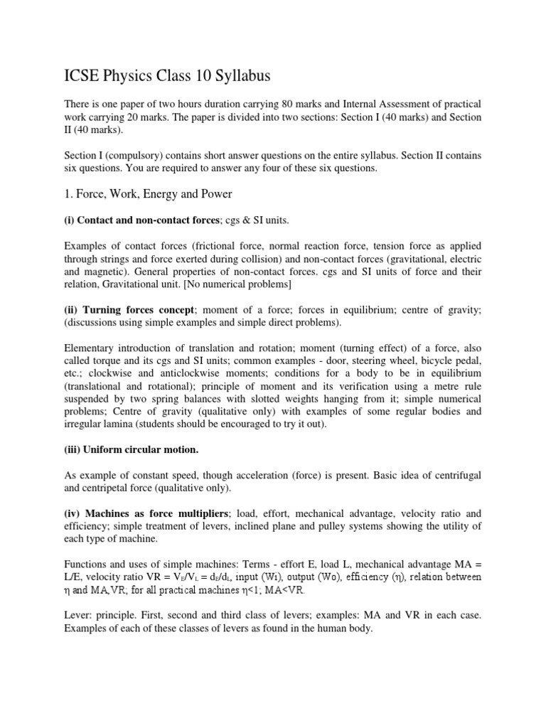 ICSE Class 10 Physics Syllabus | PDF | Science & Mathematics ...